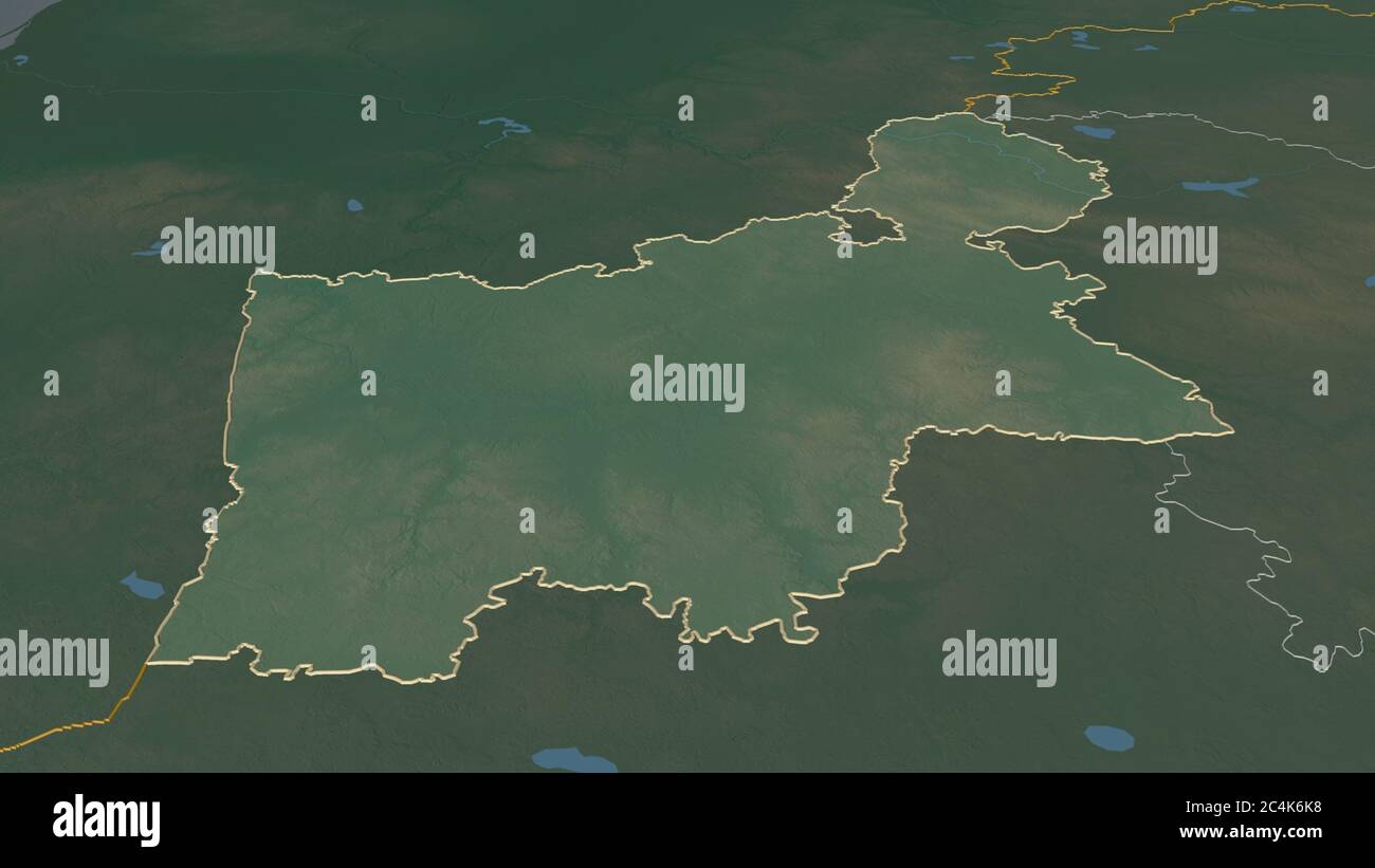 Zoom in on Hrodna (region of Belarus) outlined. Oblique perspective ...