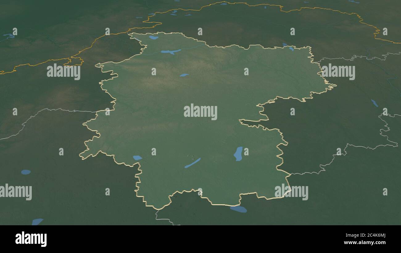 Zoom in on Minsk (region of Belarus) outlined. Oblique perspective ...