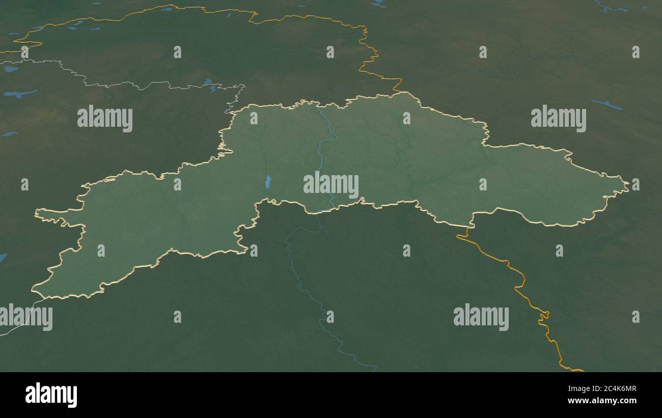 Zoom in on Mahilyow (region of Belarus) outlined. Oblique perspective ...