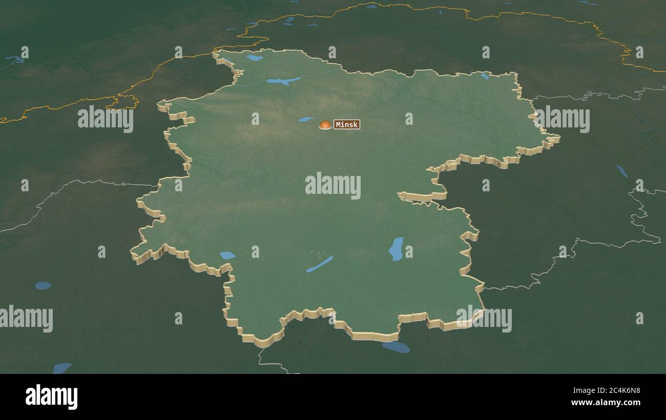 Zoom in on Minsk (region of Belarus) extruded. Oblique perspective ...