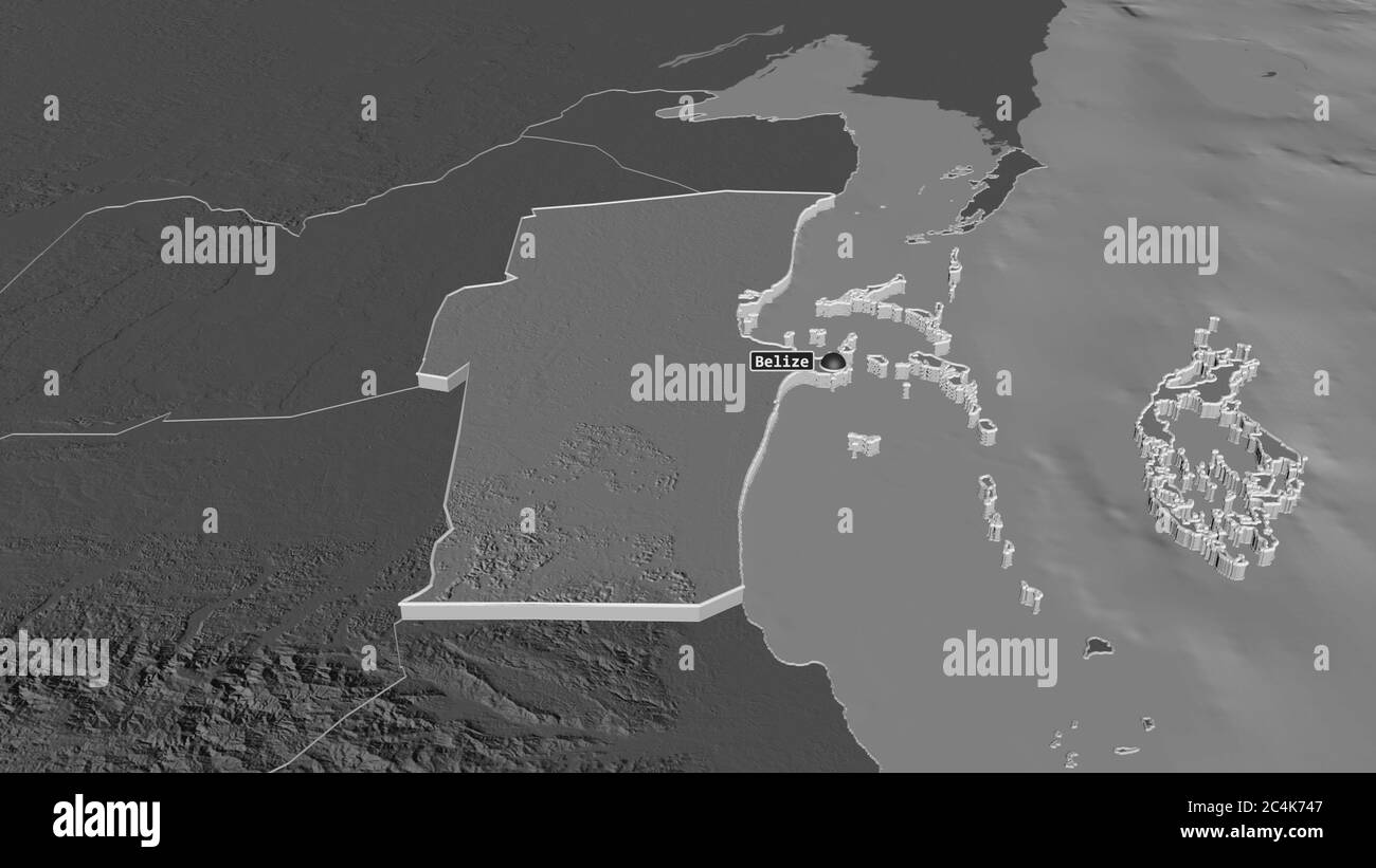 Zoom in on Belize (district of Belize) extruded. Oblique perspective ...