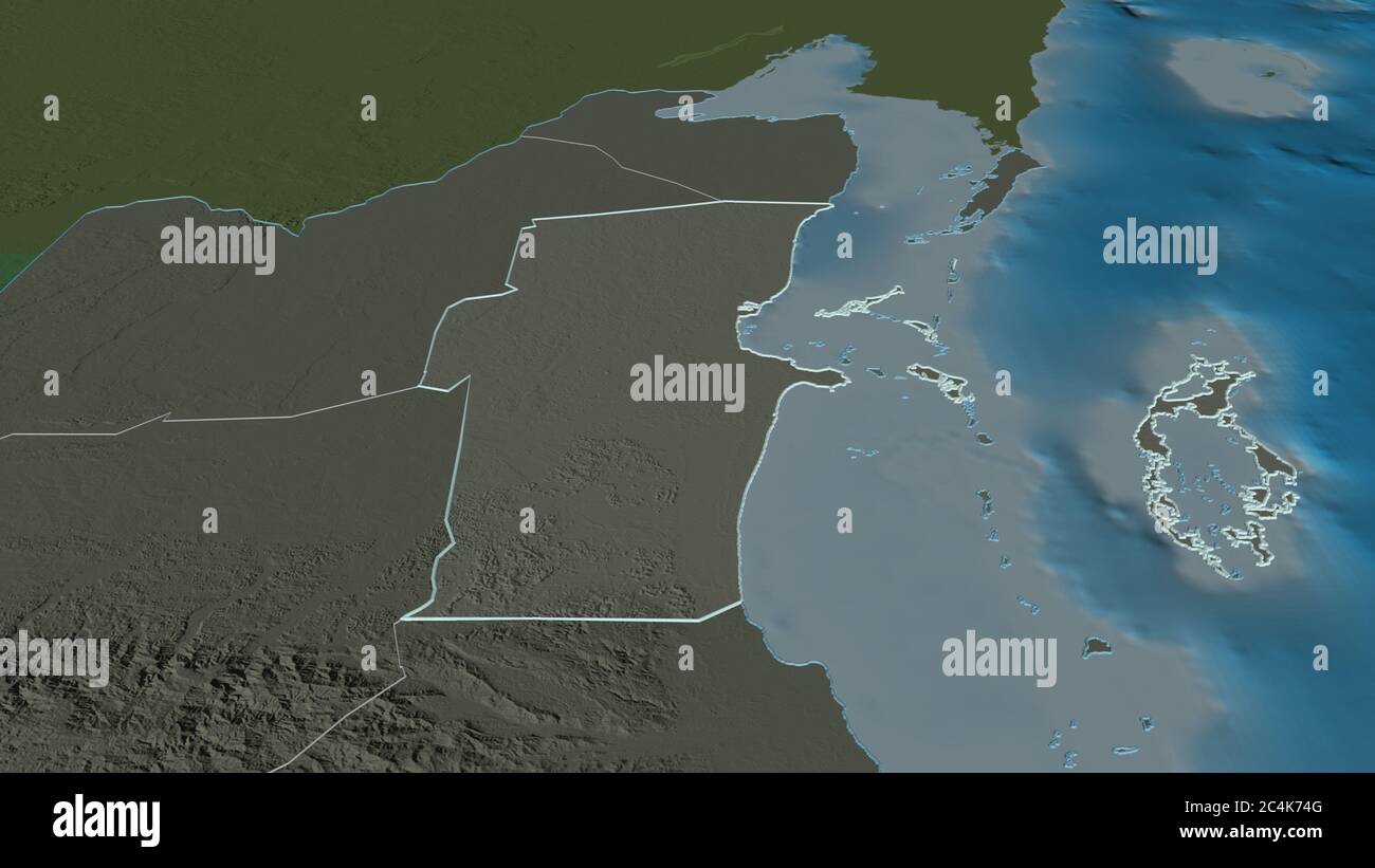 Zoom in on Belize (district of Belize) outlined. Oblique perspective ...