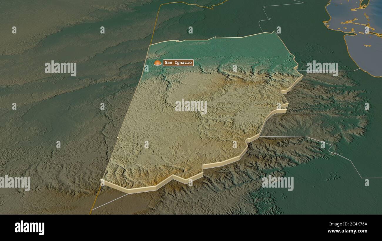 Zoom in on Cayo (district of Belize) extruded. Oblique perspective ...