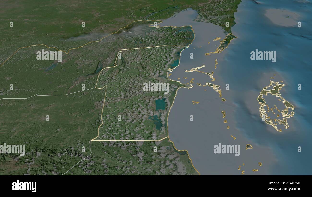 Zoom in on Belize (district of Belize) outlined. Oblique perspective ...