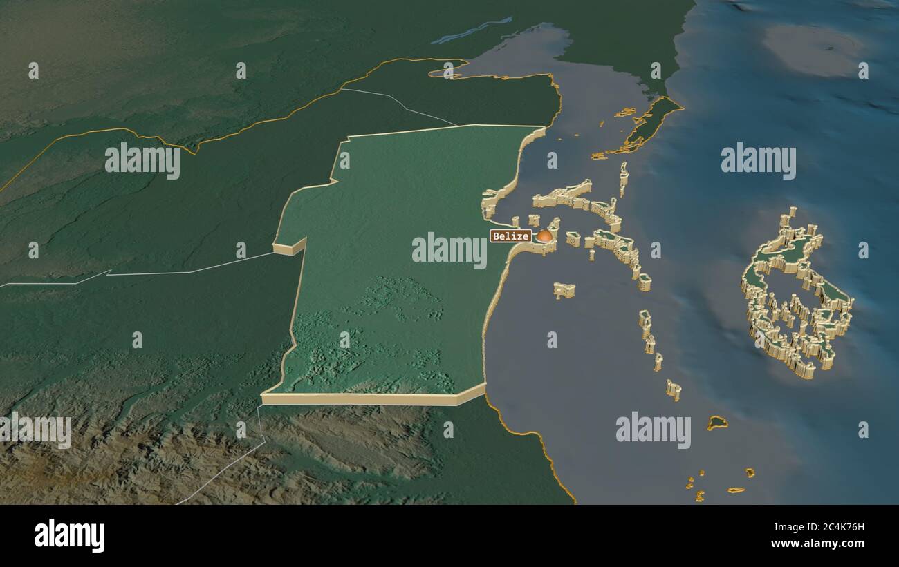 Zoom in on Belize (district of Belize) extruded. Oblique perspective ...