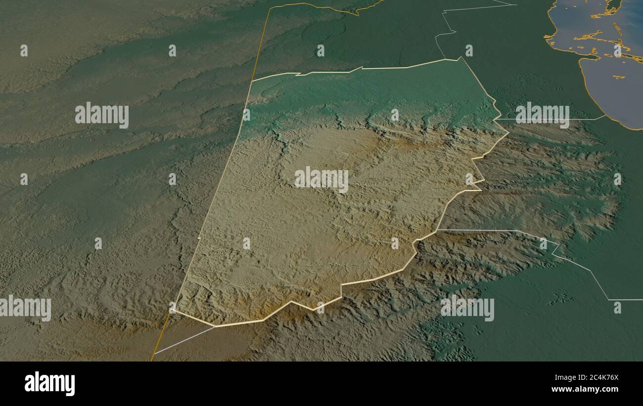 Zoom in on Cayo (district of Belize) outlined. Oblique perspective ...
