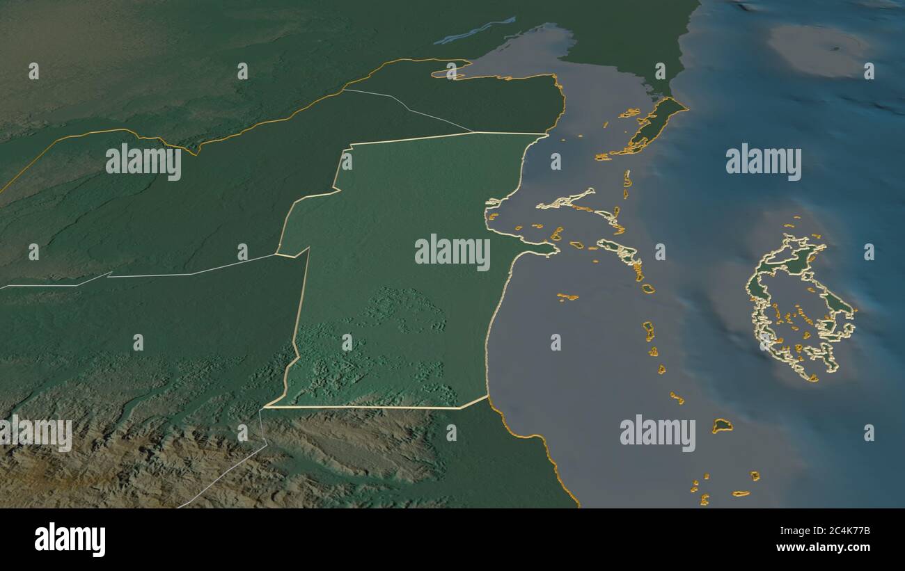 Zoom in on Belize (district of Belize) outlined. Oblique perspective ...