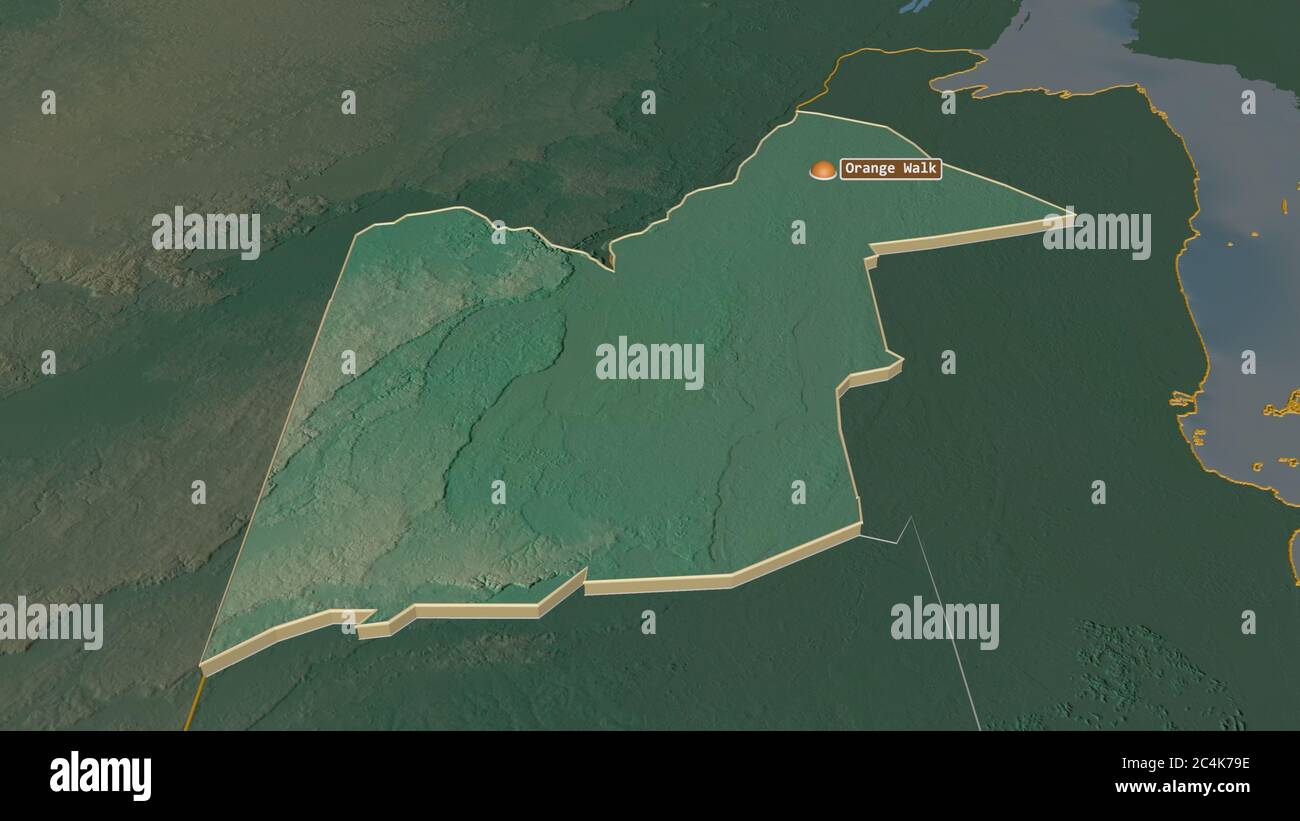 Zoom in on Orange Walk (district of Belize) extruded. Oblique ...