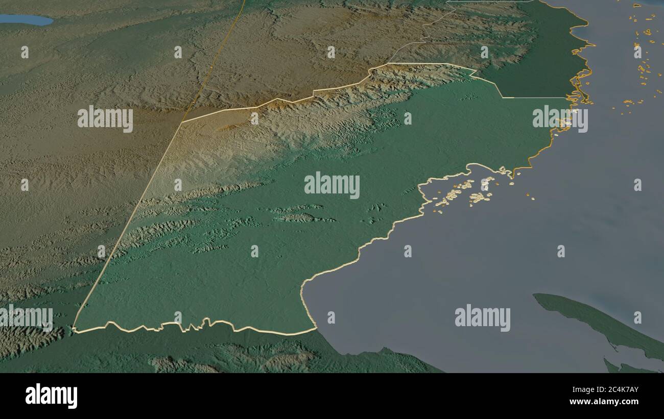 Zoom in on Toledo (district of Belize) outlined. Oblique perspective ...