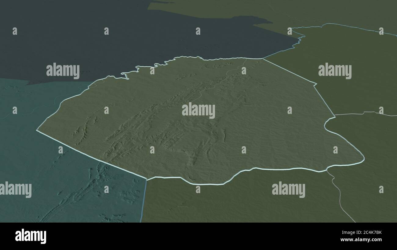 Zoom in on Atakora (department of Benin) outlined. Oblique perspective ...