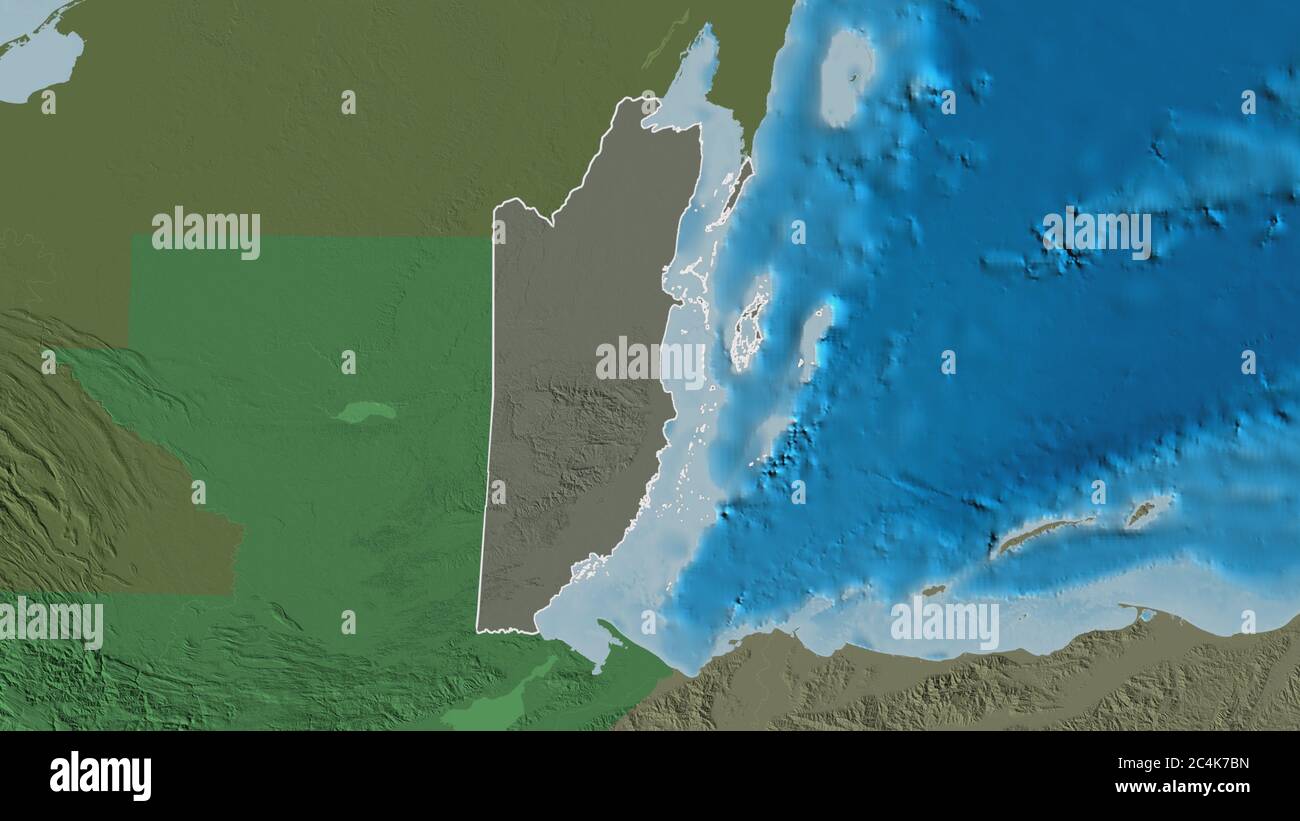 Outlined shape of the Belize area. Colored and bumped map of the ...