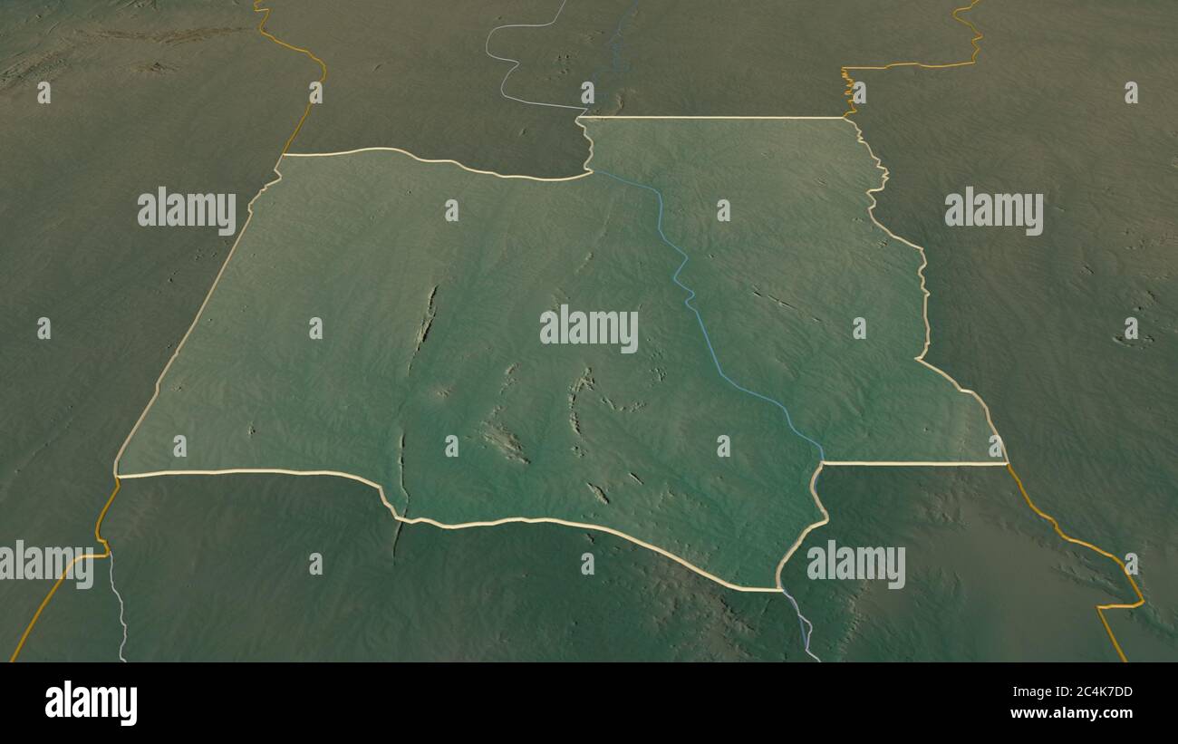 Zoom in on Collines (department of Benin) outlined. Oblique perspective ...