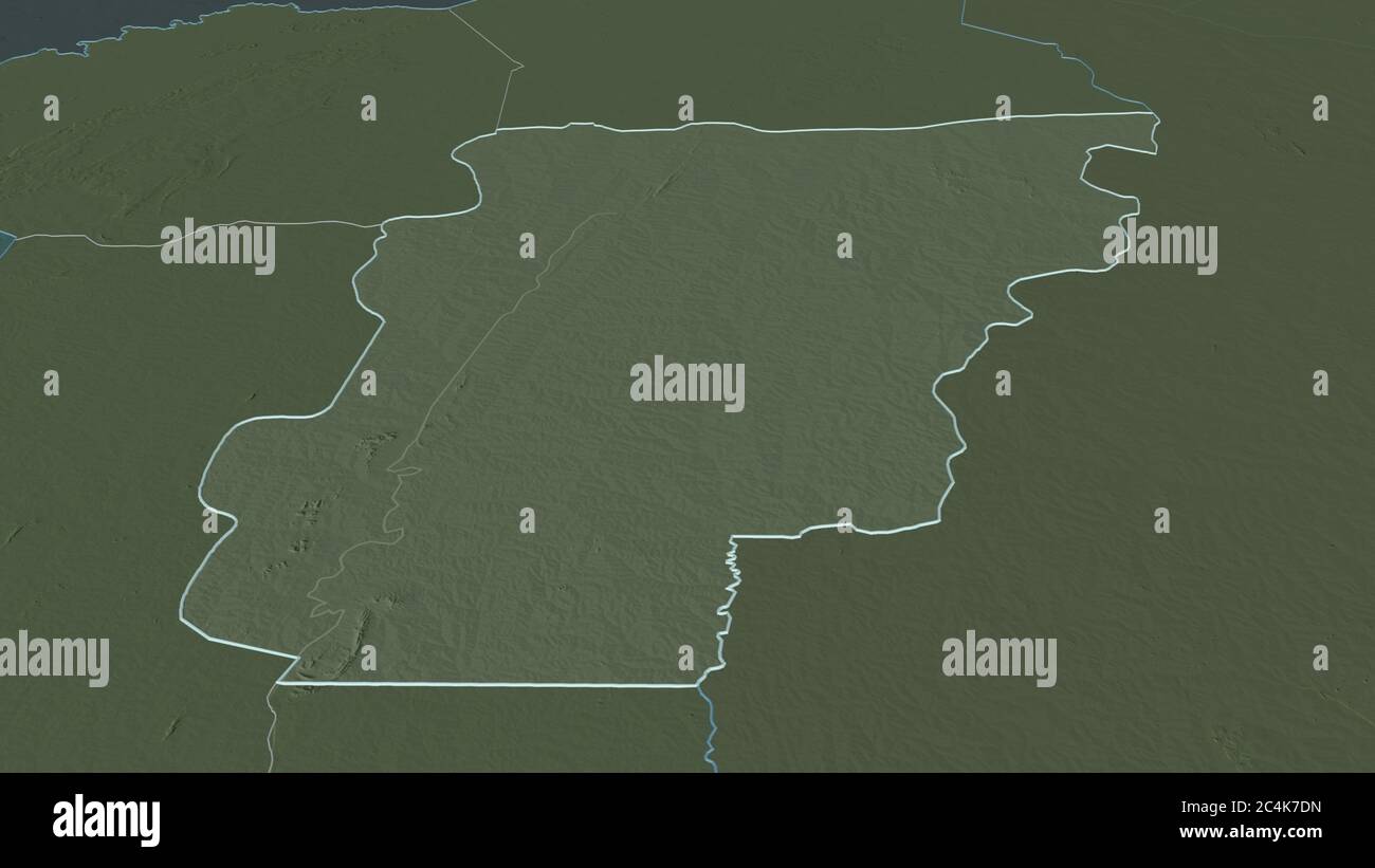 Zoom in on Borgou (department of Benin) outlined. Oblique perspective ...