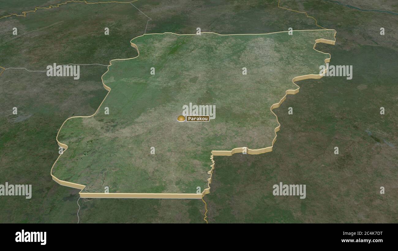 Zoom in on Borgou (department of Benin) extruded. Oblique perspective ...