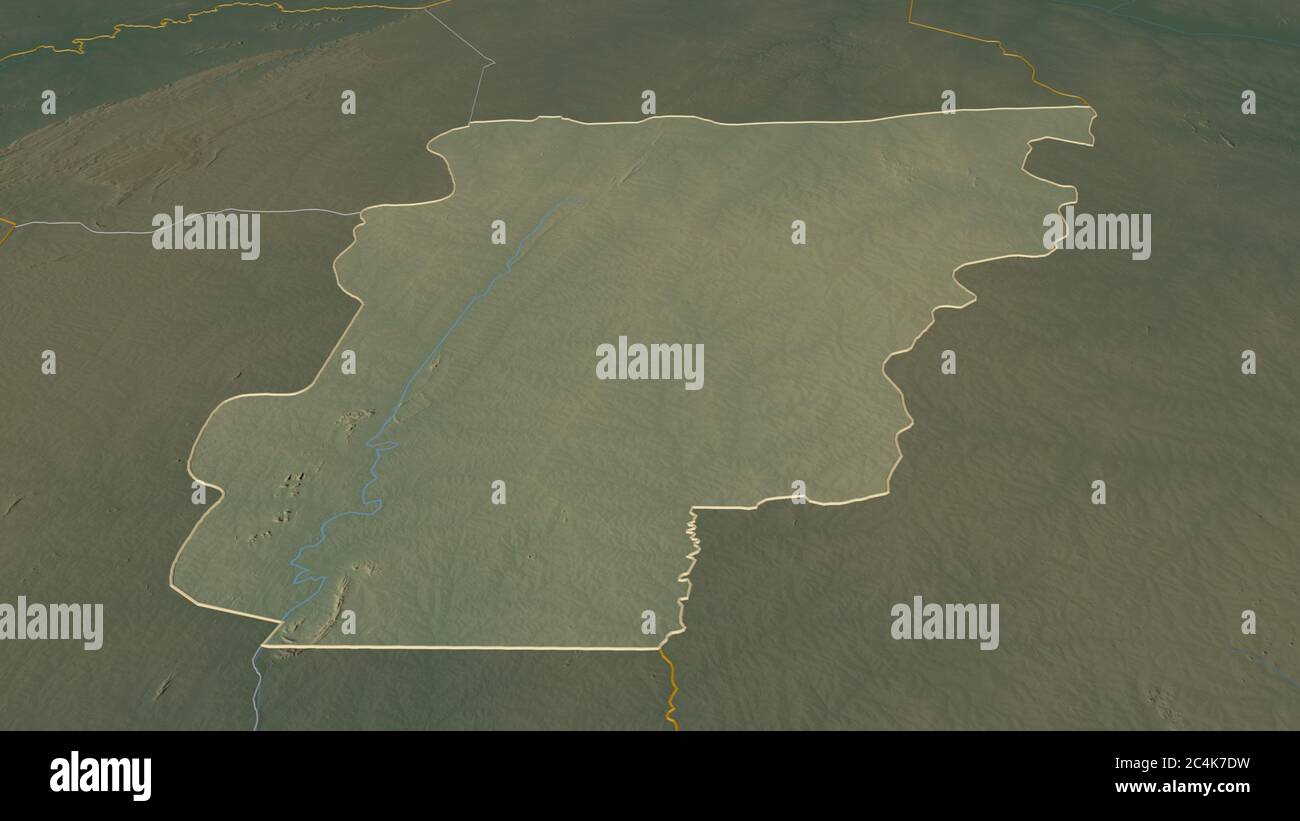 Zoom in on Borgou (department of Benin) outlined. Oblique perspective ...