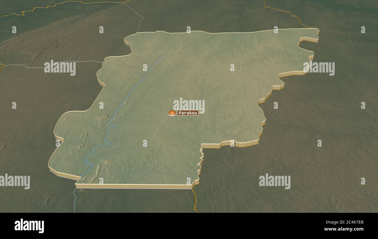 Zoom in on Borgou (department of Benin) extruded. Oblique perspective ...