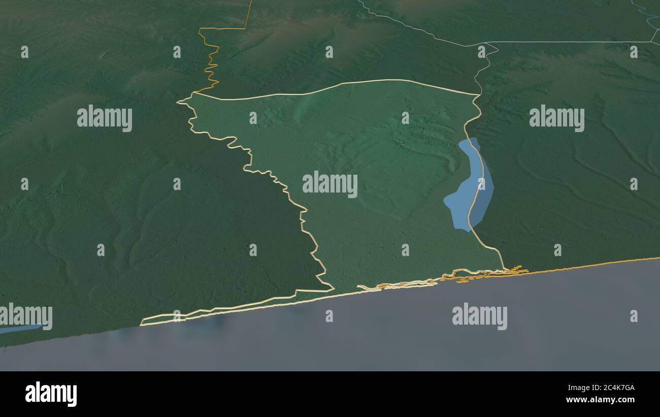 Zoom in on Mono (department of Benin) outlined. Oblique perspective ...