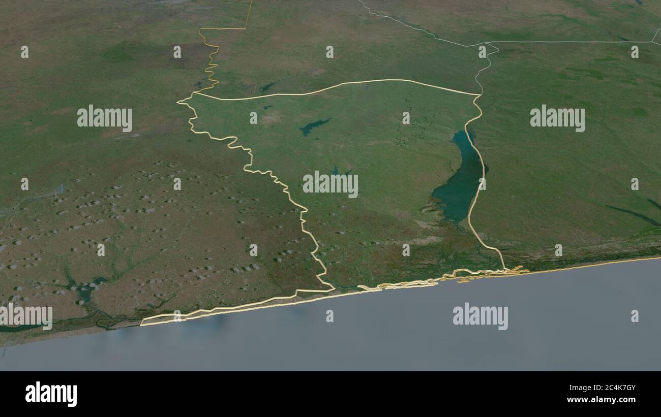Zoom in on Mono (department of Benin) outlined. Oblique perspective ...