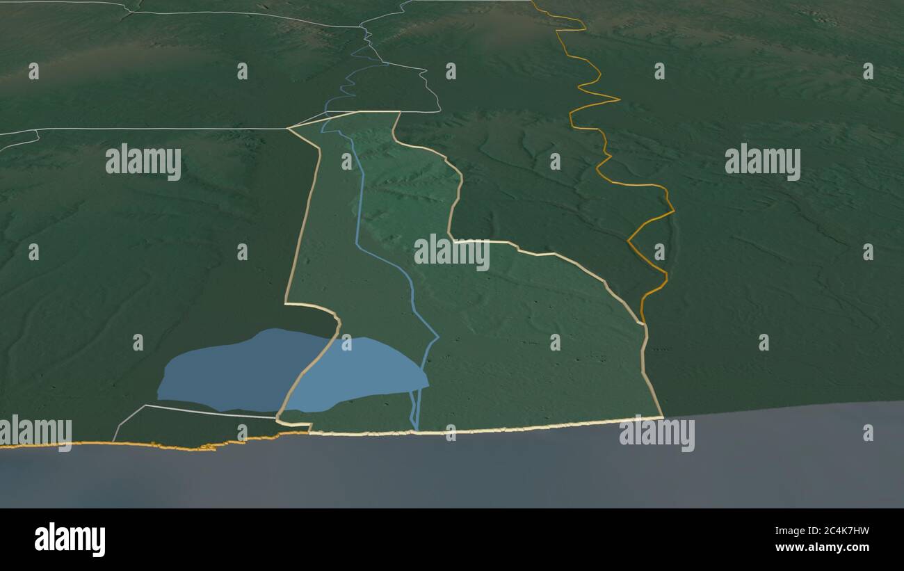 Zoom in on Ouémé (department of Benin) outlined. Oblique perspective ...