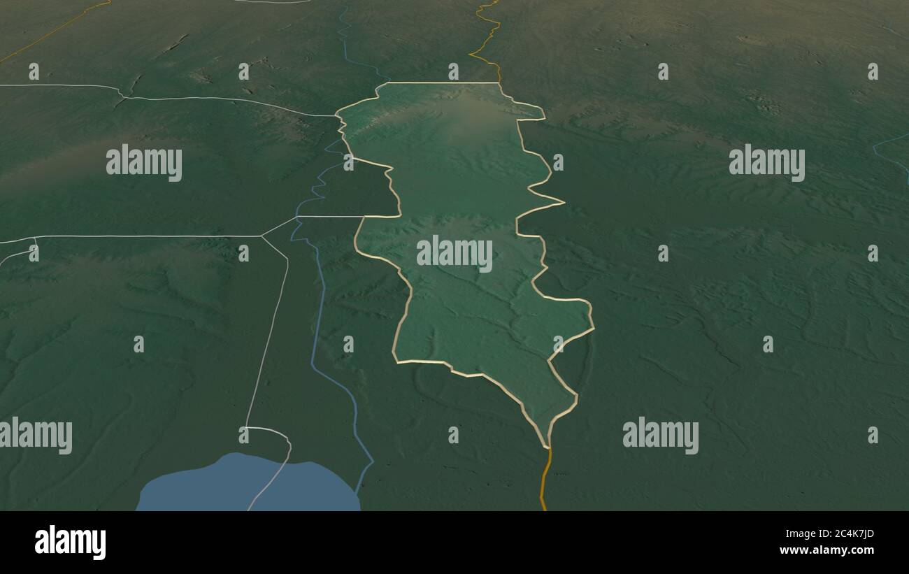 Zoom in on Plateau (department of Benin) outlined. Oblique perspective ...