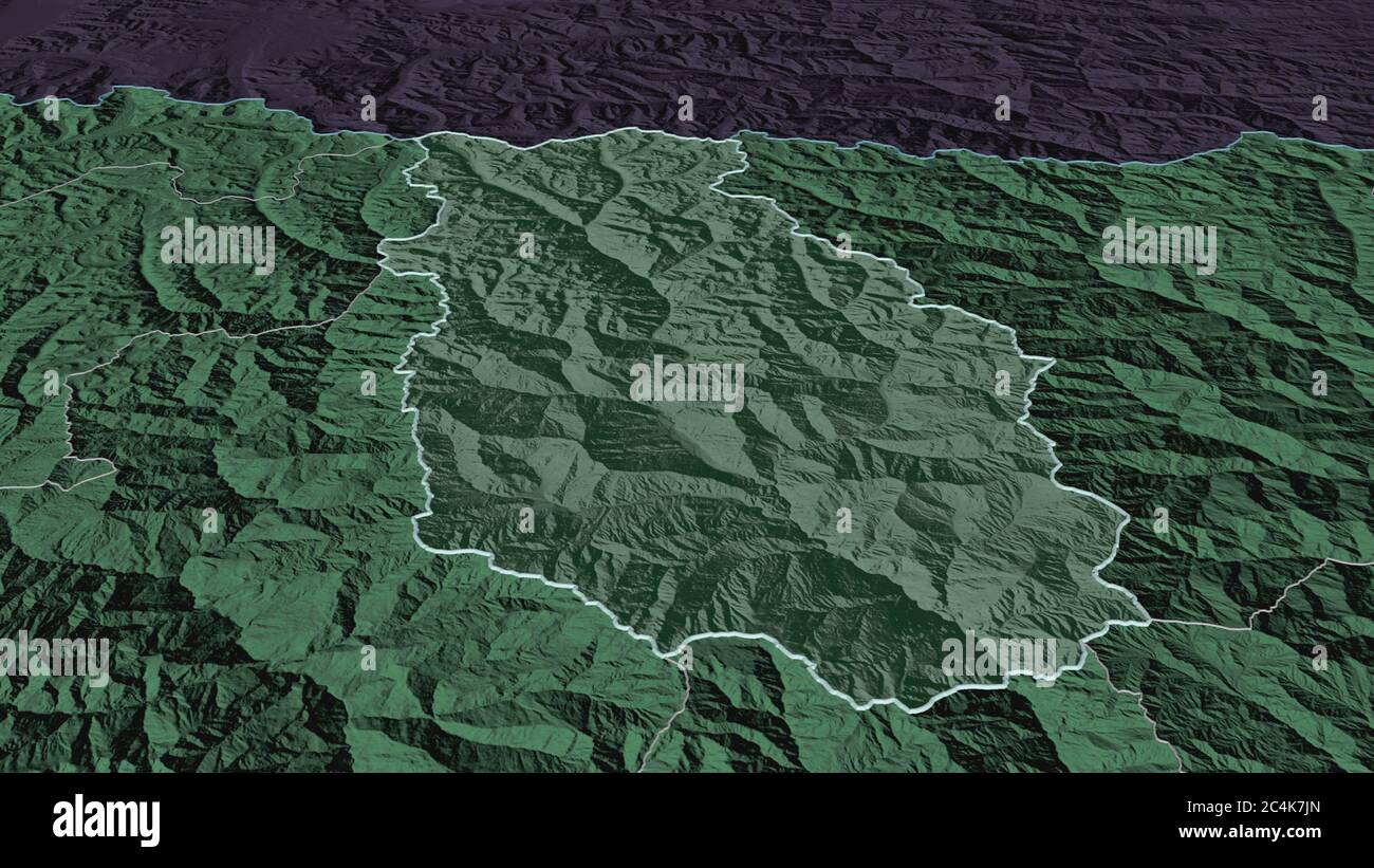 Zoom in on Bumthang (district of Bhutan) outlined. Oblique perspective ...