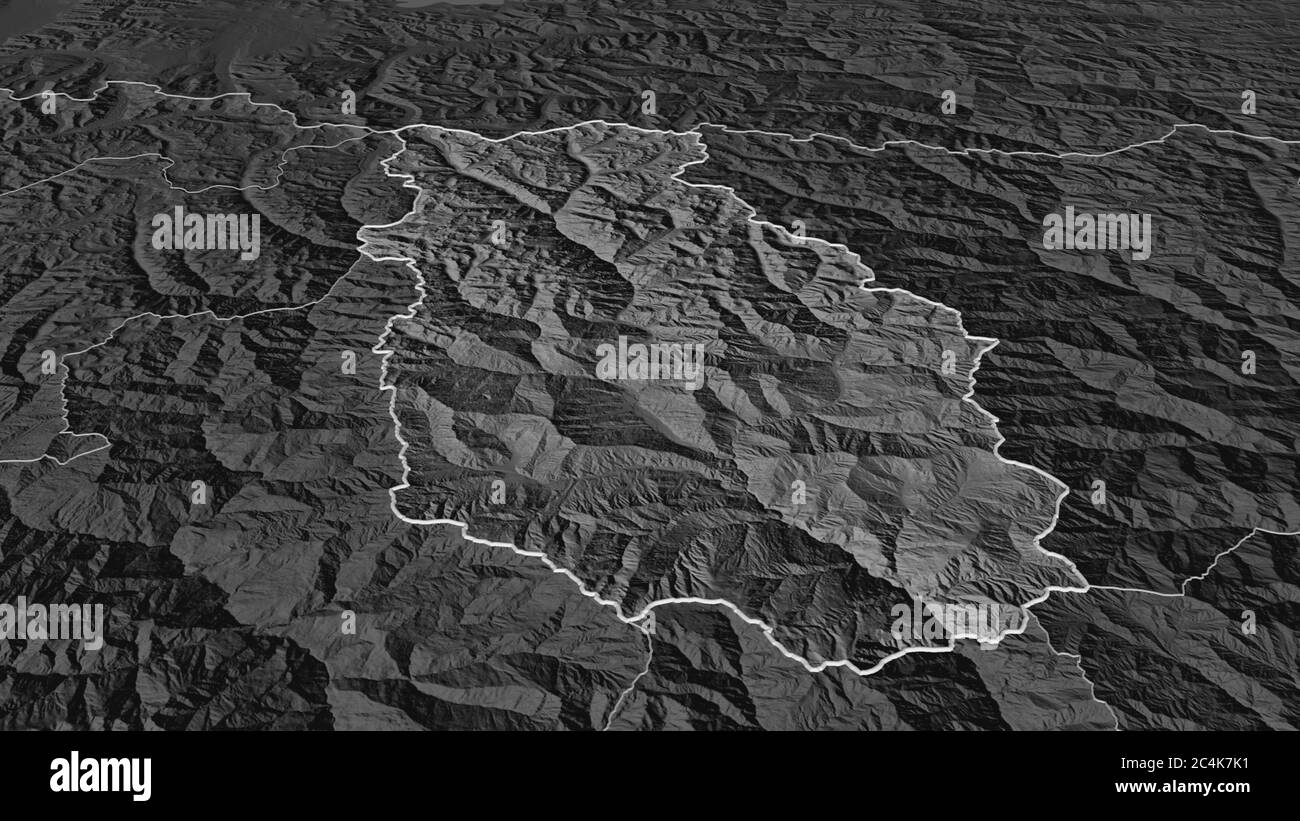 Zoom in on Bumthang (district of Bhutan) outlined. Oblique perspective ...