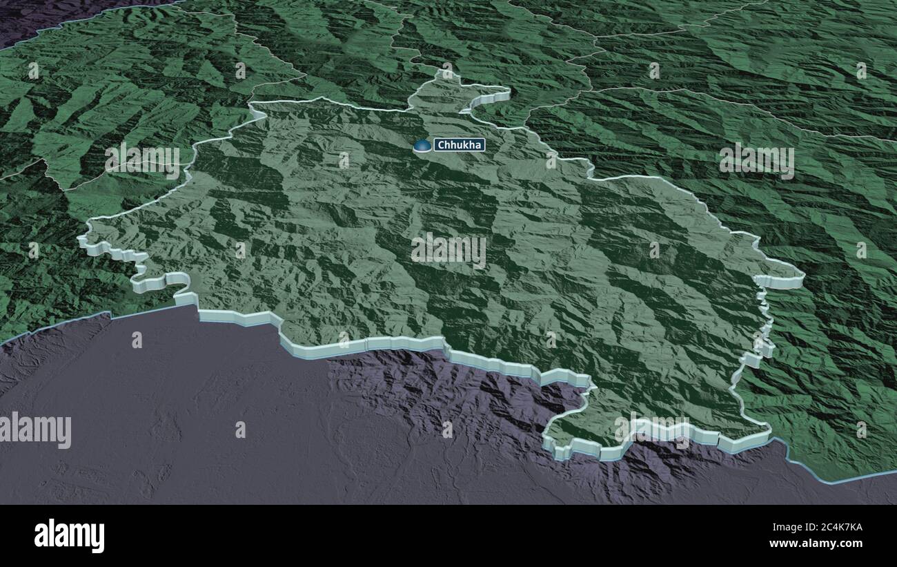 Zoom in on Chhukha (district of Bhutan) extruded. Oblique perspective ...