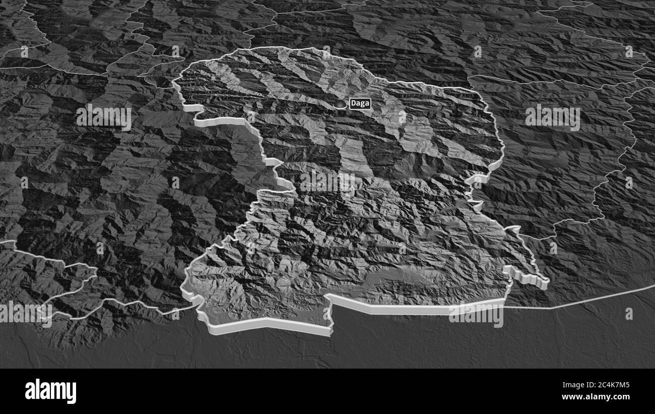 Zoom in on Dagana (district of Bhutan) extruded. Oblique perspective ...