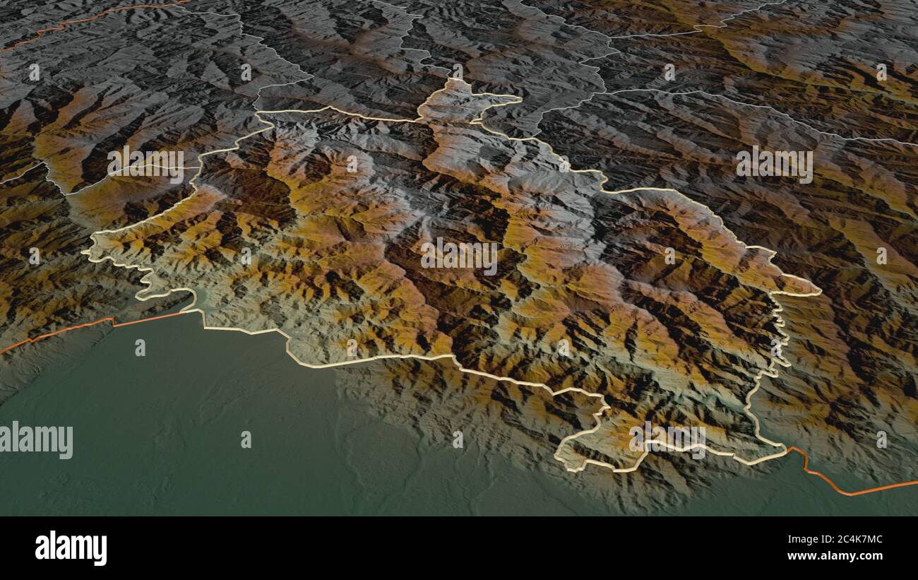 Zoom in on Chhukha (district of Bhutan) outlined. Oblique perspective ...