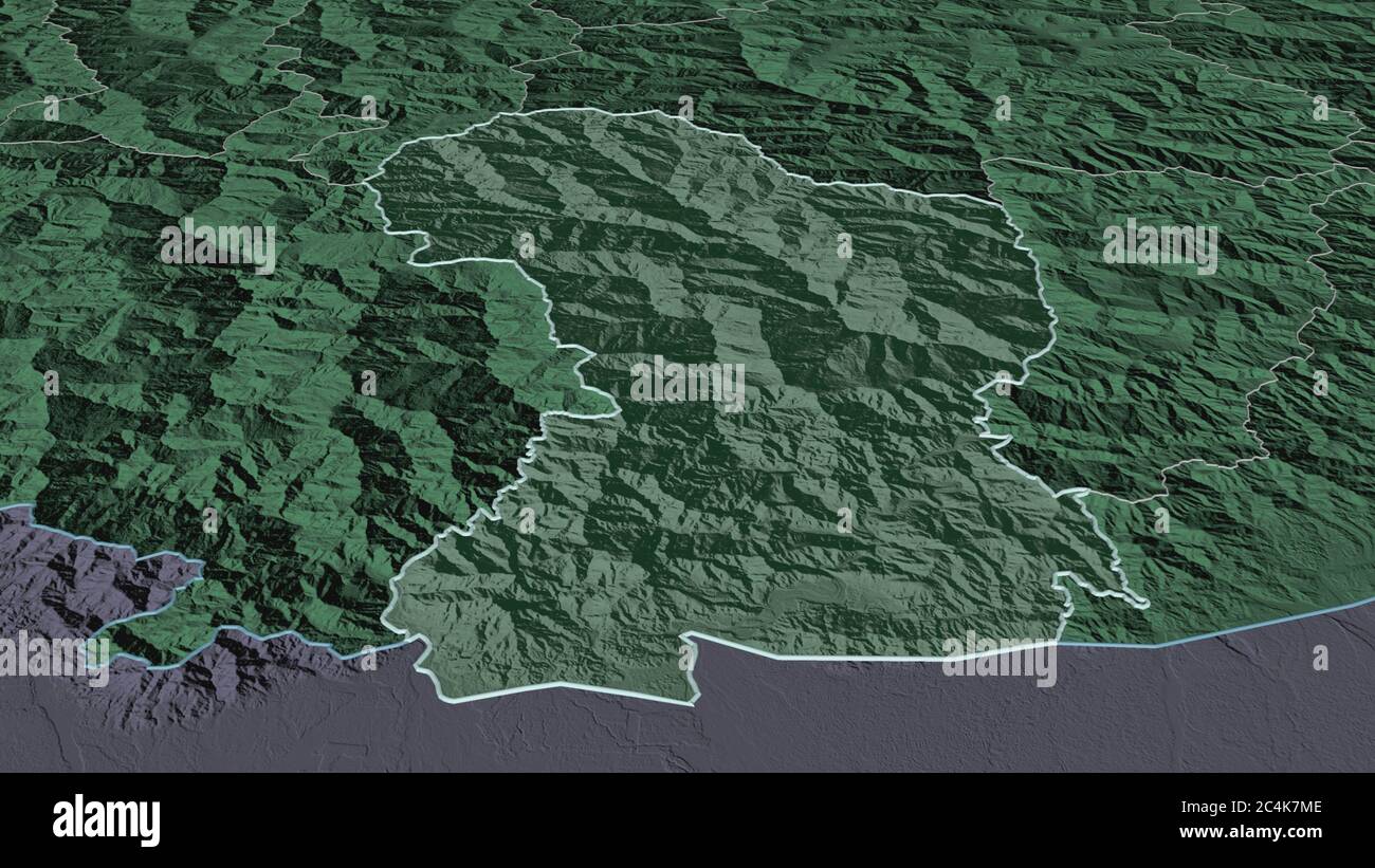Zoom in on Dagana (district of Bhutan) outlined. Oblique perspective ...