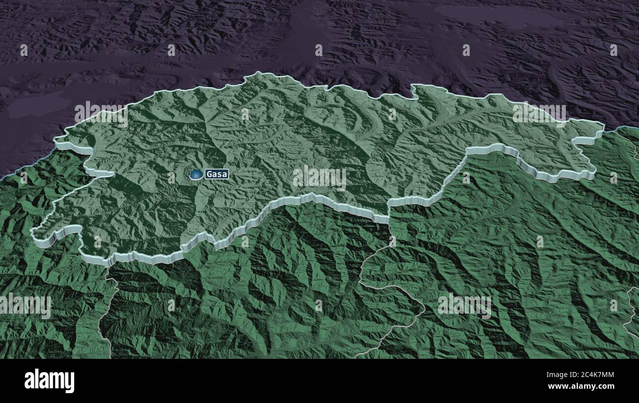 Zoom in on Gasa (district of Bhutan) extruded. Oblique perspective ...