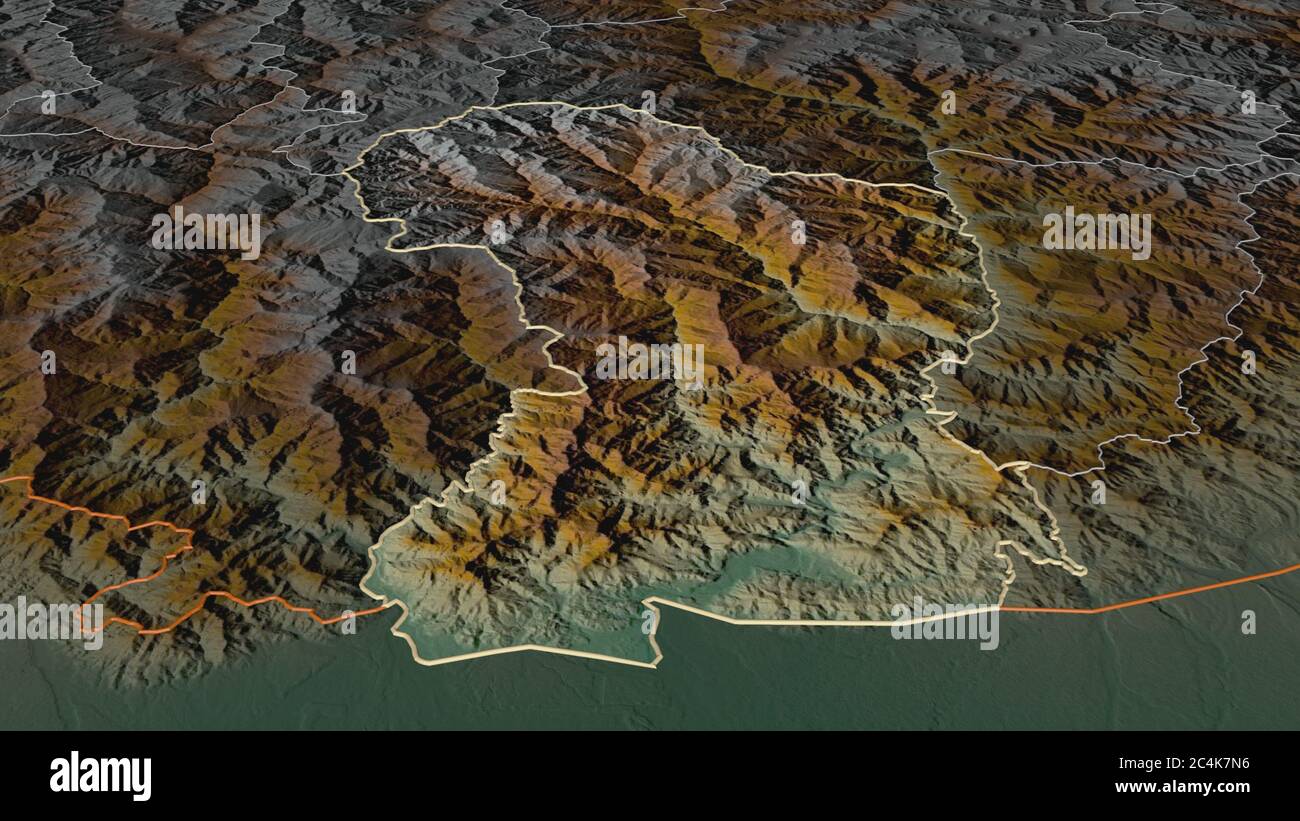 Zoom in on Dagana (district of Bhutan) outlined. Oblique perspective ...