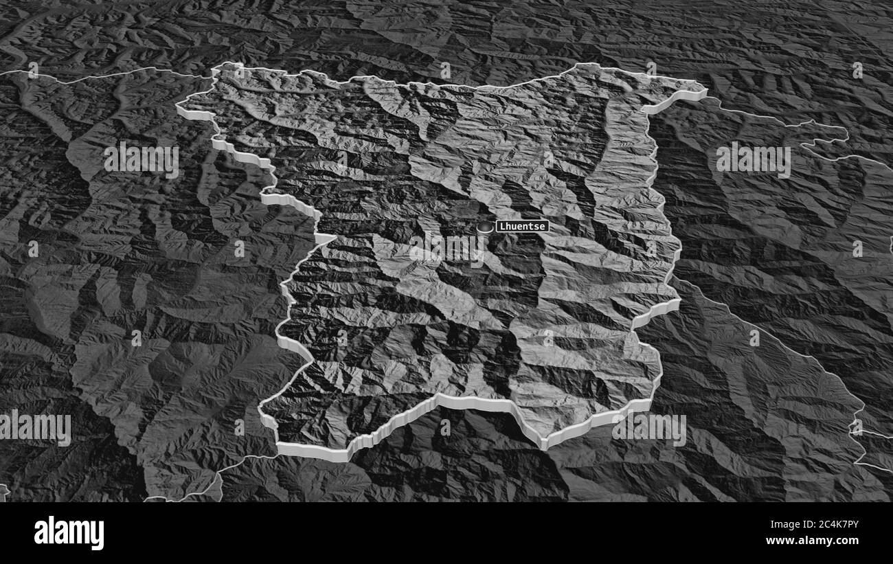 Zoom in on Lhuentse (district of Bhutan) extruded. Oblique perspective ...