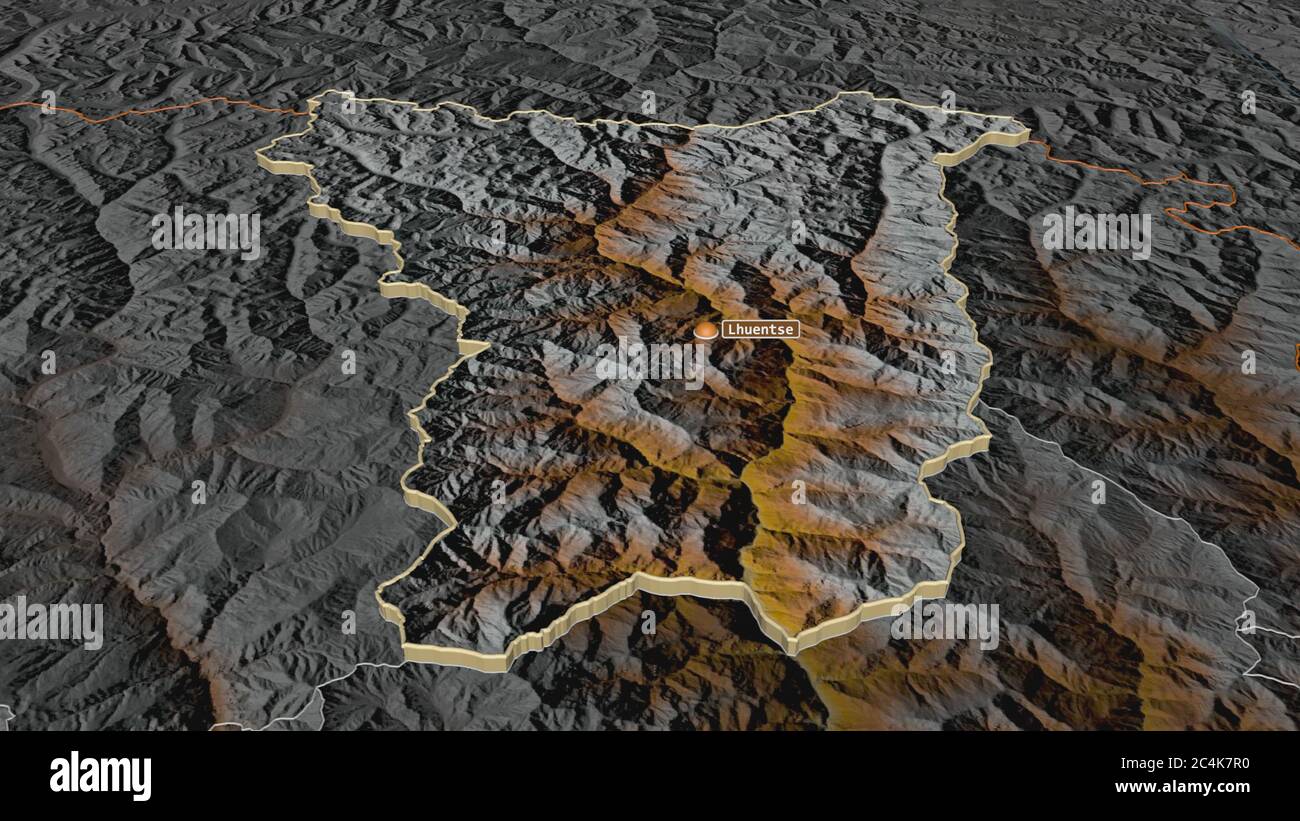 Zoom in on Lhuentse (district of Bhutan) extruded. Oblique perspective ...