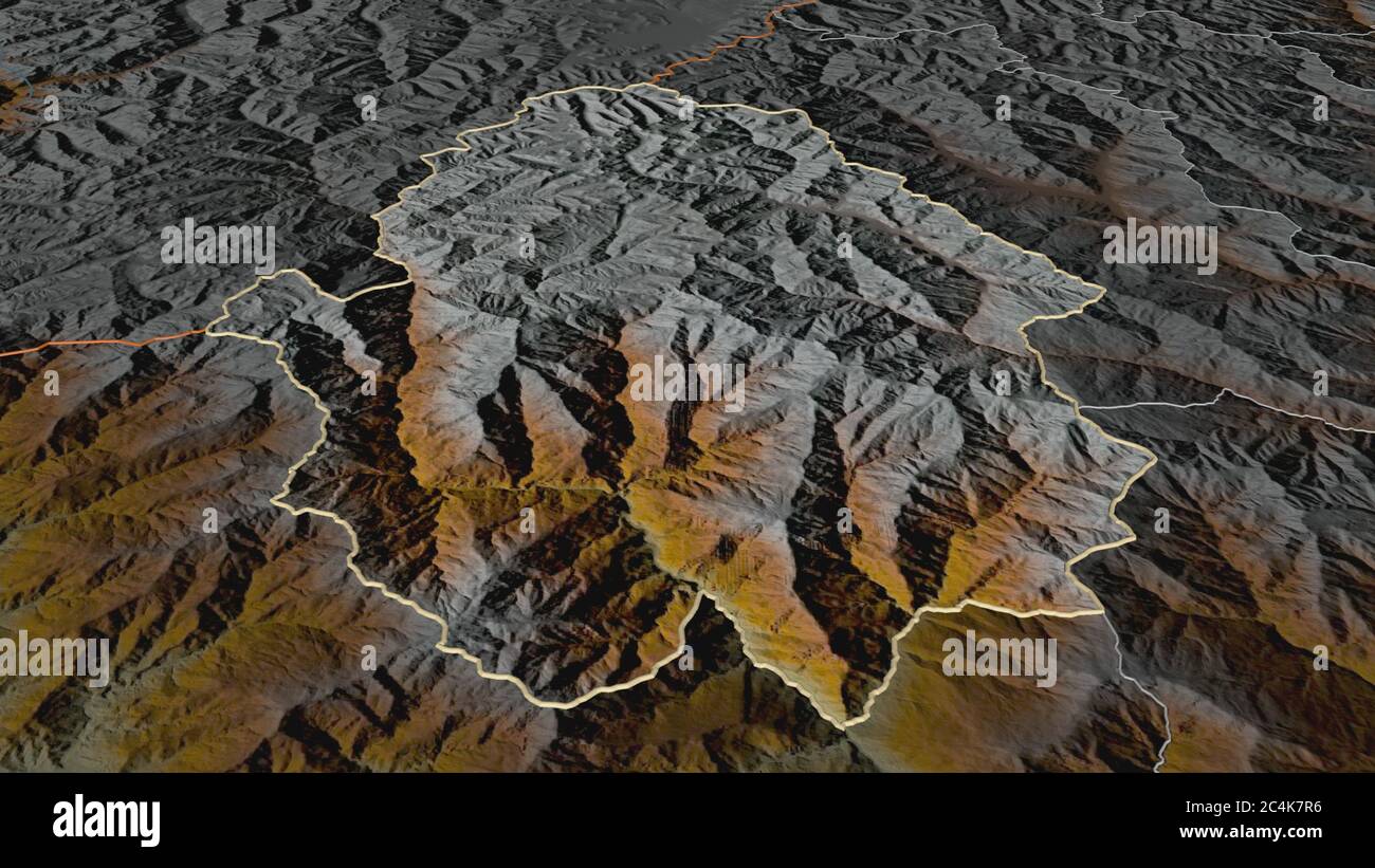 Zoom in on Haa (district of Bhutan) outlined. Oblique perspective ...