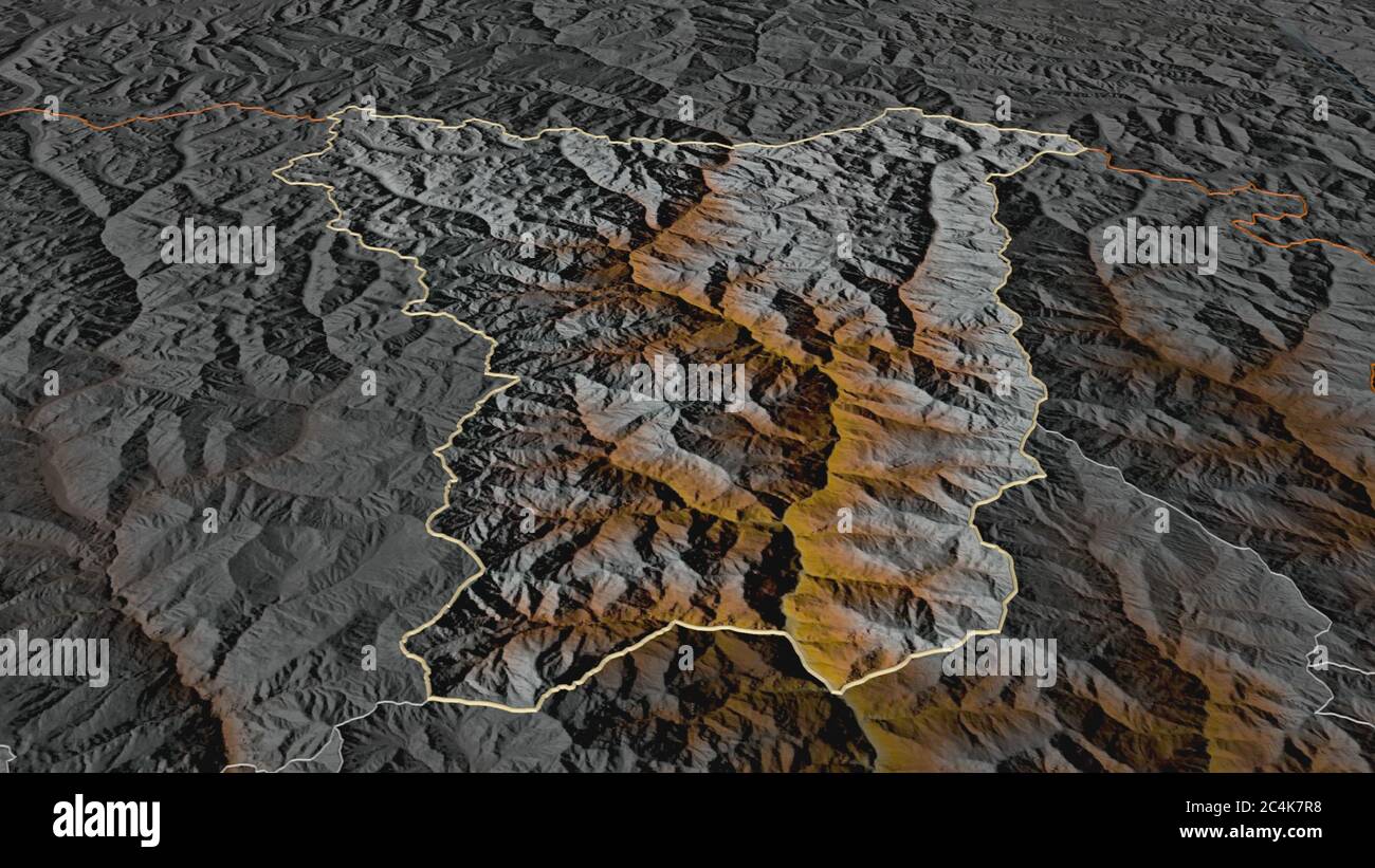Zoom in on Lhuentse (district of Bhutan) outlined. Oblique perspective ...
