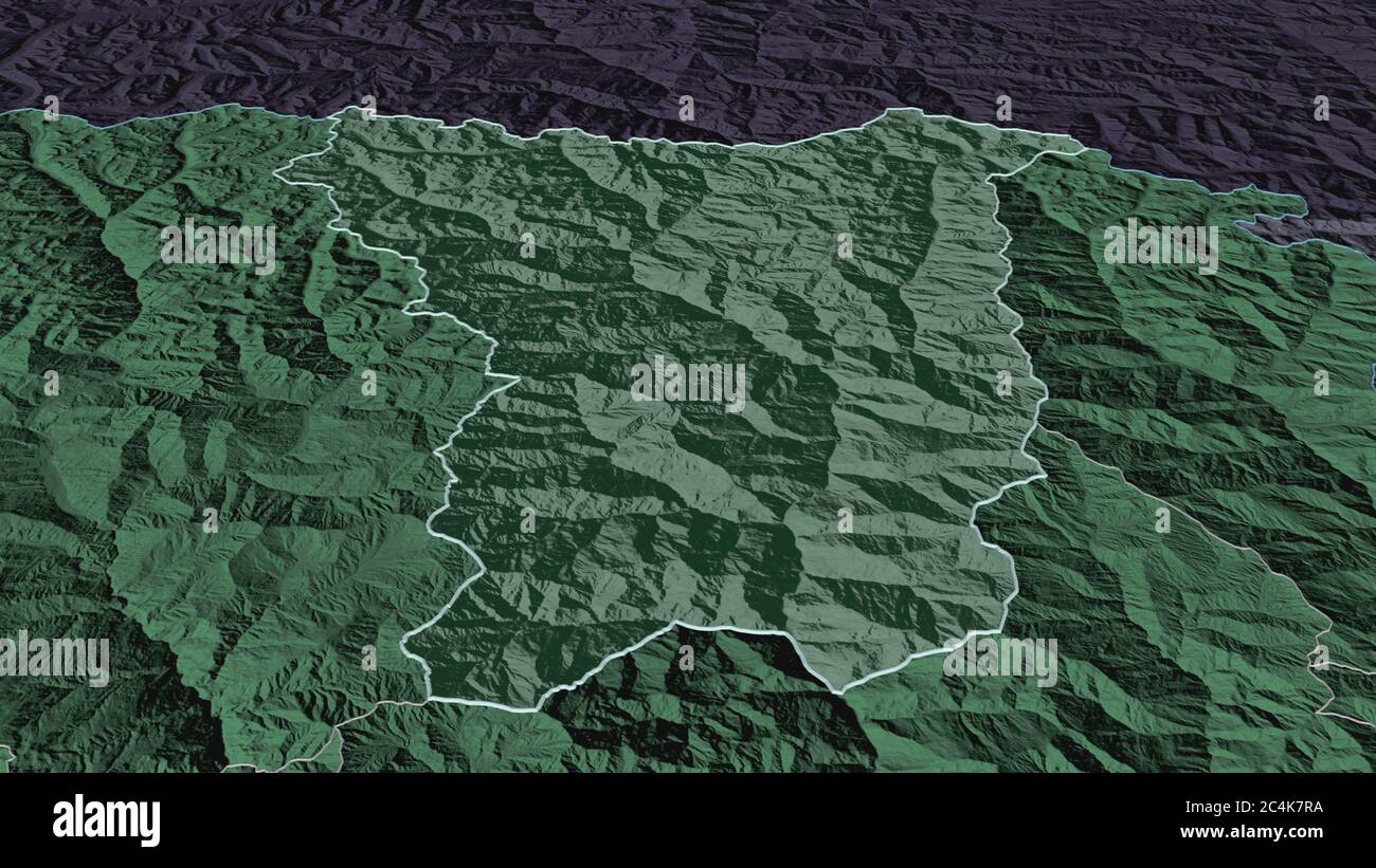 Zoom in on Lhuentse (district of Bhutan) outlined. Oblique perspective ...