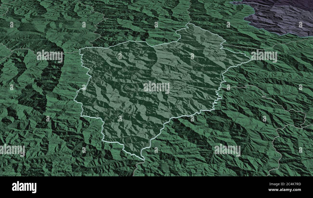 Zoom in on Monggar (district of Bhutan) outlined. Oblique perspective ...