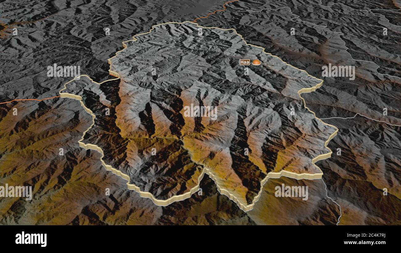 Zoom in on Haa (district of Bhutan) extruded. Oblique perspective ...