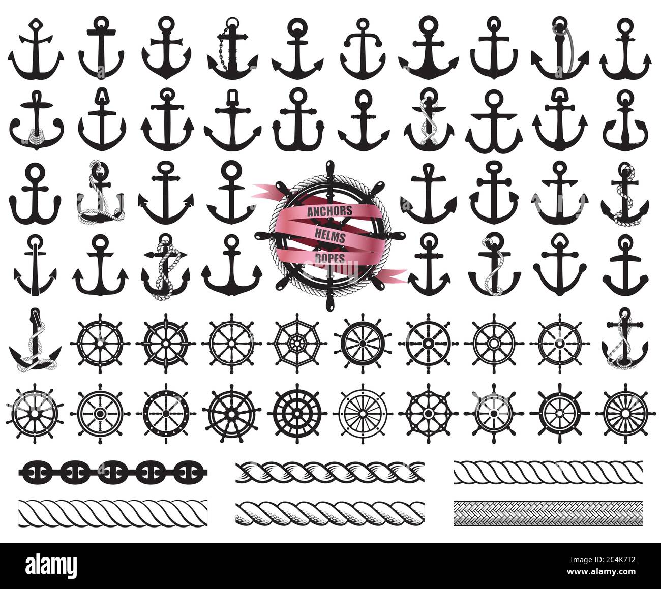 Set of anchors, rudders icons, and ropes. Vector illustration Stock ...