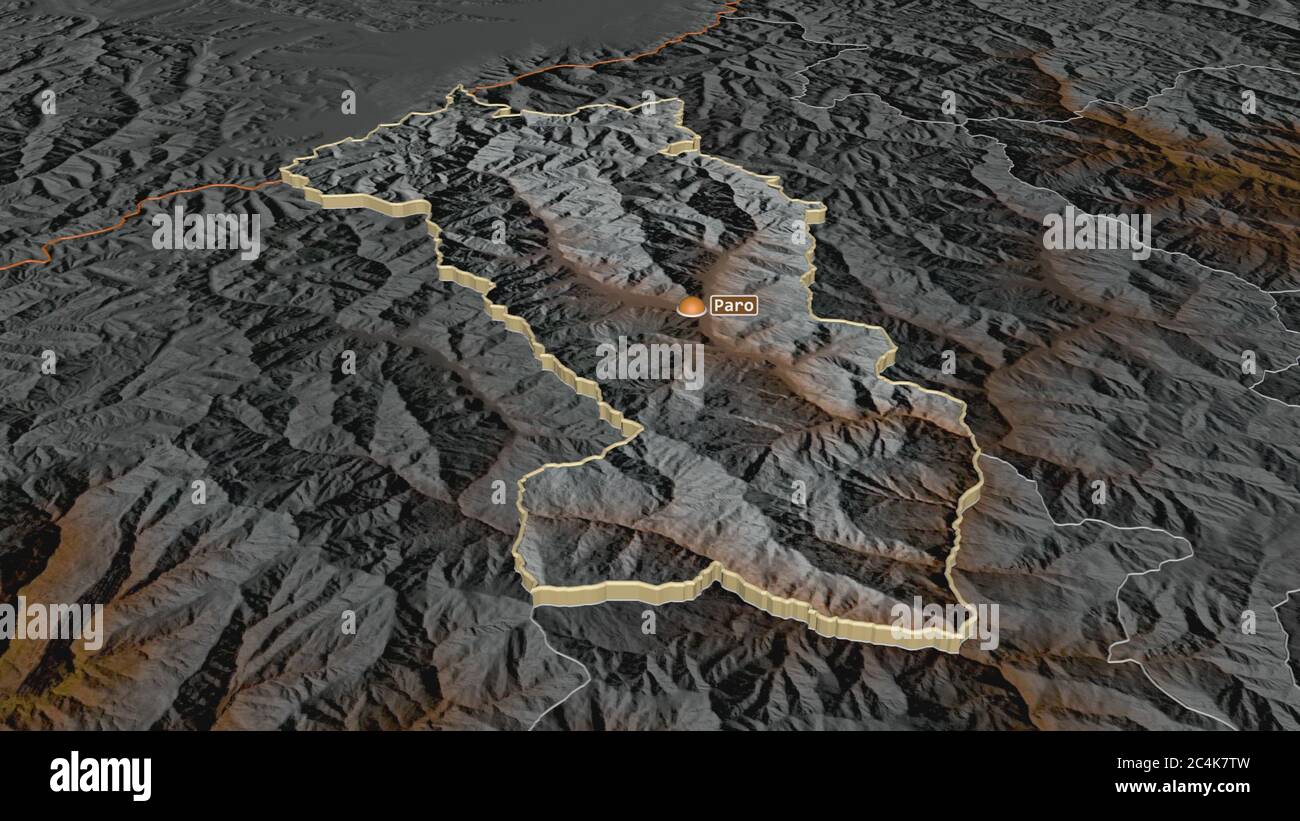 Zoom in on Paro (district of Bhutan) extruded. Oblique perspective ...