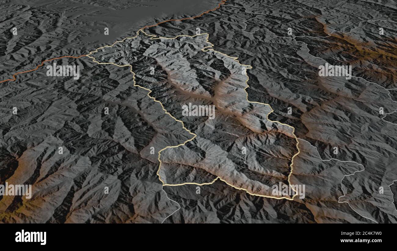 Zoom in on Paro (district of Bhutan) outlined. Oblique perspective ...