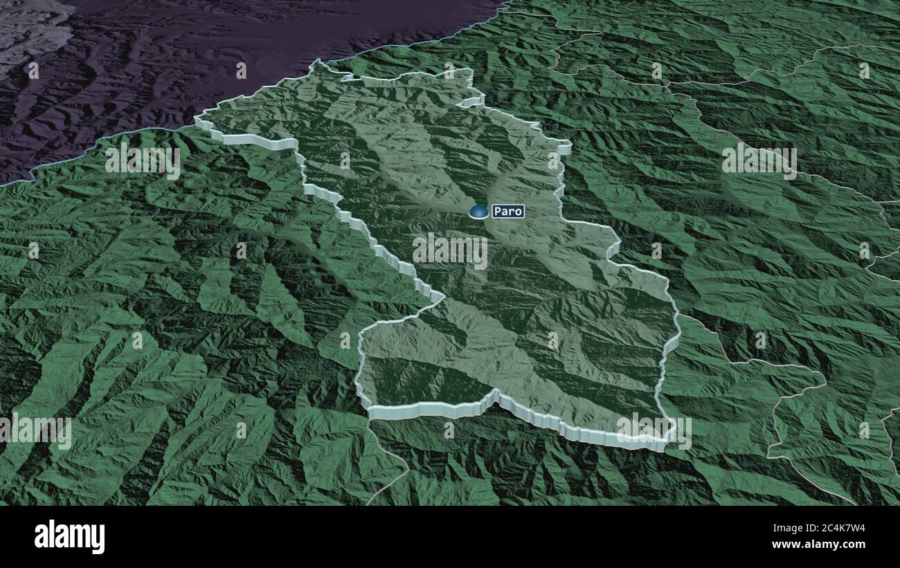 Zoom in on Paro (district of Bhutan) extruded. Oblique perspective ...