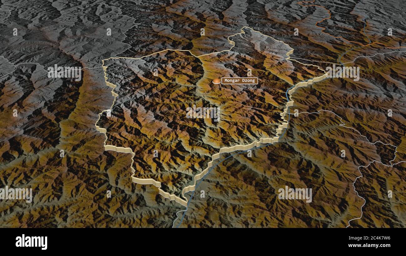 Zoom in on Monggar (district of Bhutan) extruded. Oblique perspective ...