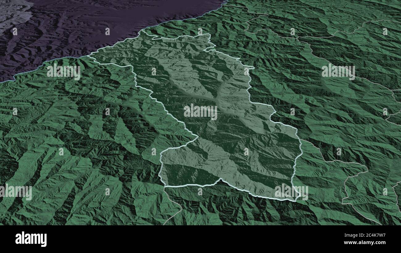 Zoom in on Paro (district of Bhutan) outlined. Oblique perspective ...