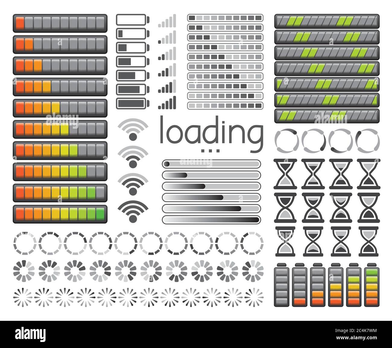 Set of loading bars, battery charge levels and wifi signal strength ...