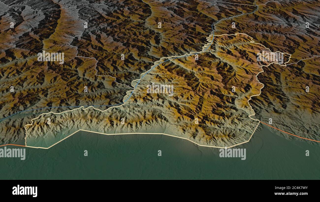 Zoom in on Pemagatshel (district of Bhutan) outlined. Oblique ...