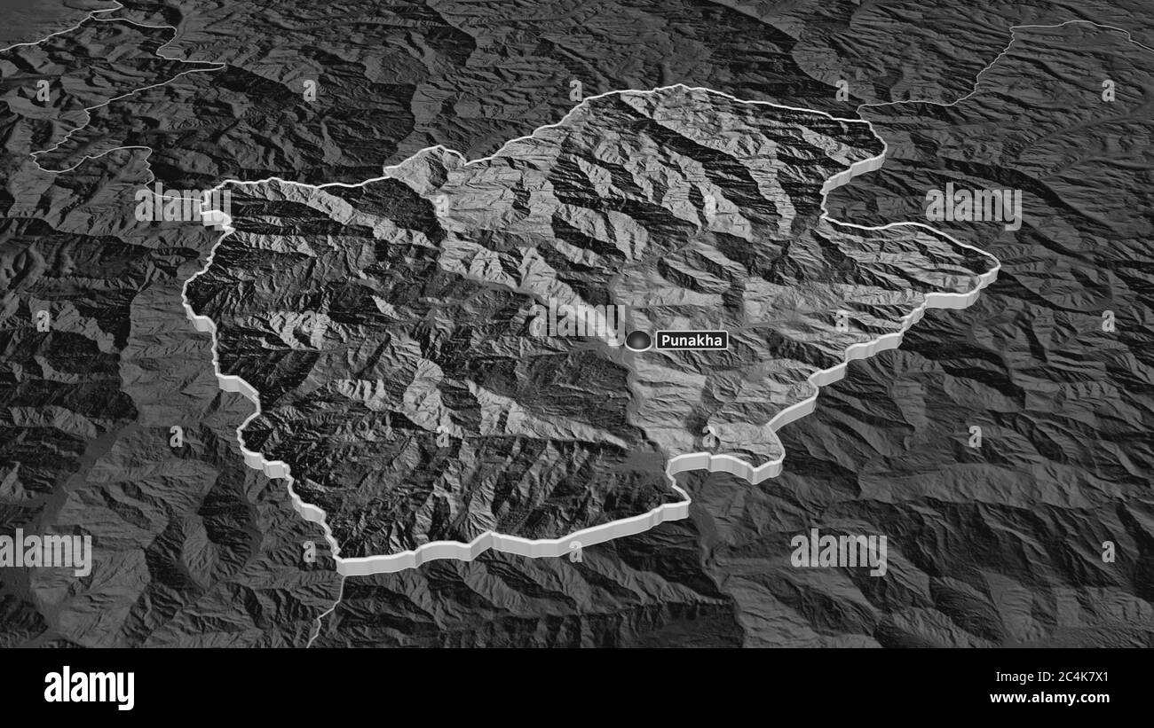 Zoom in on Punakha (district of Bhutan) extruded. Oblique perspective ...