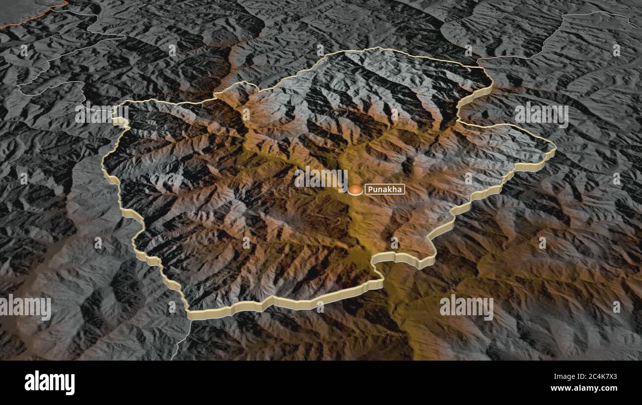 Zoom in on Punakha (district of Bhutan) extruded. Oblique perspective ...