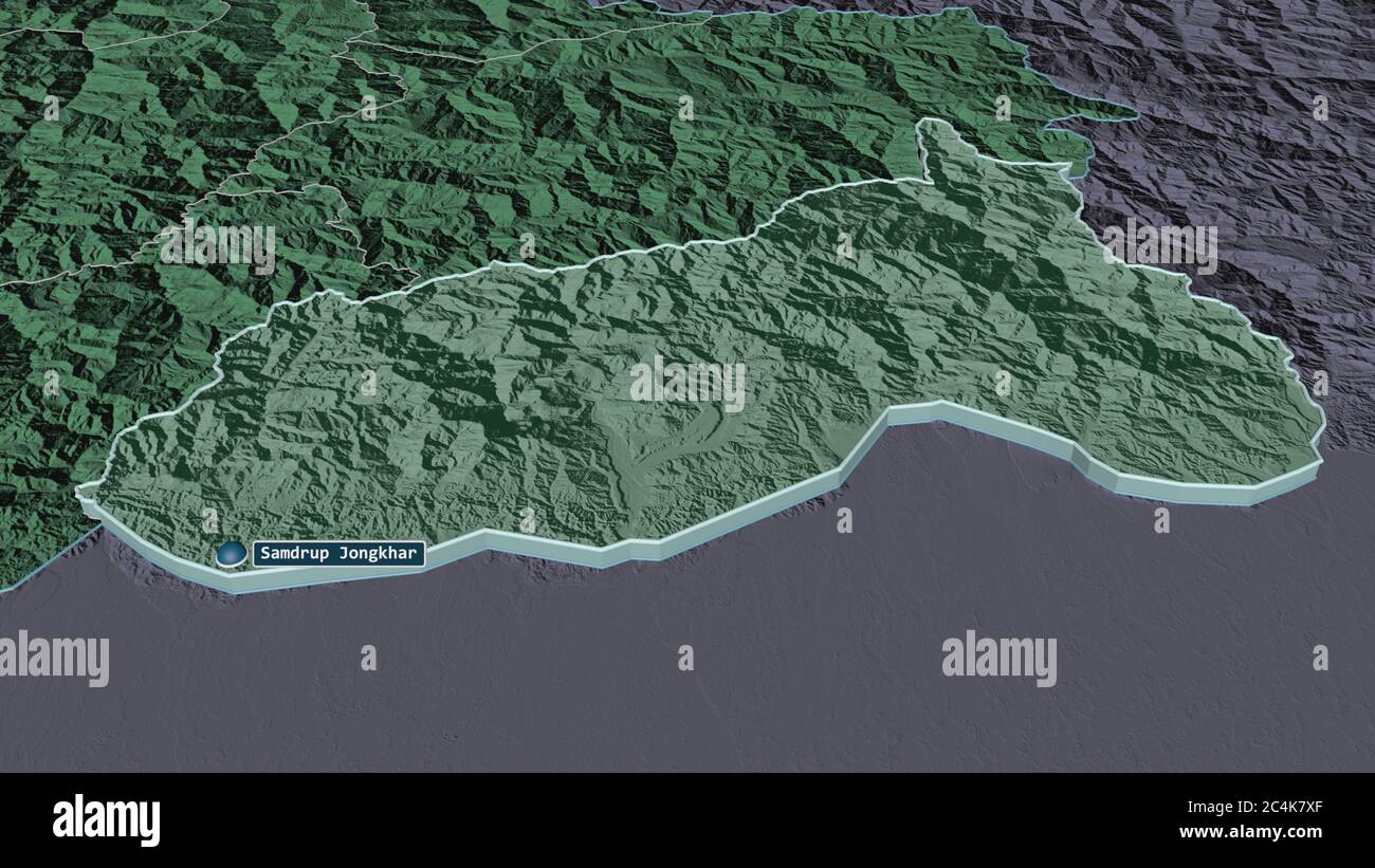 Zoom in on Samdrupjongkhar (district of Bhutan) extruded. Oblique ...